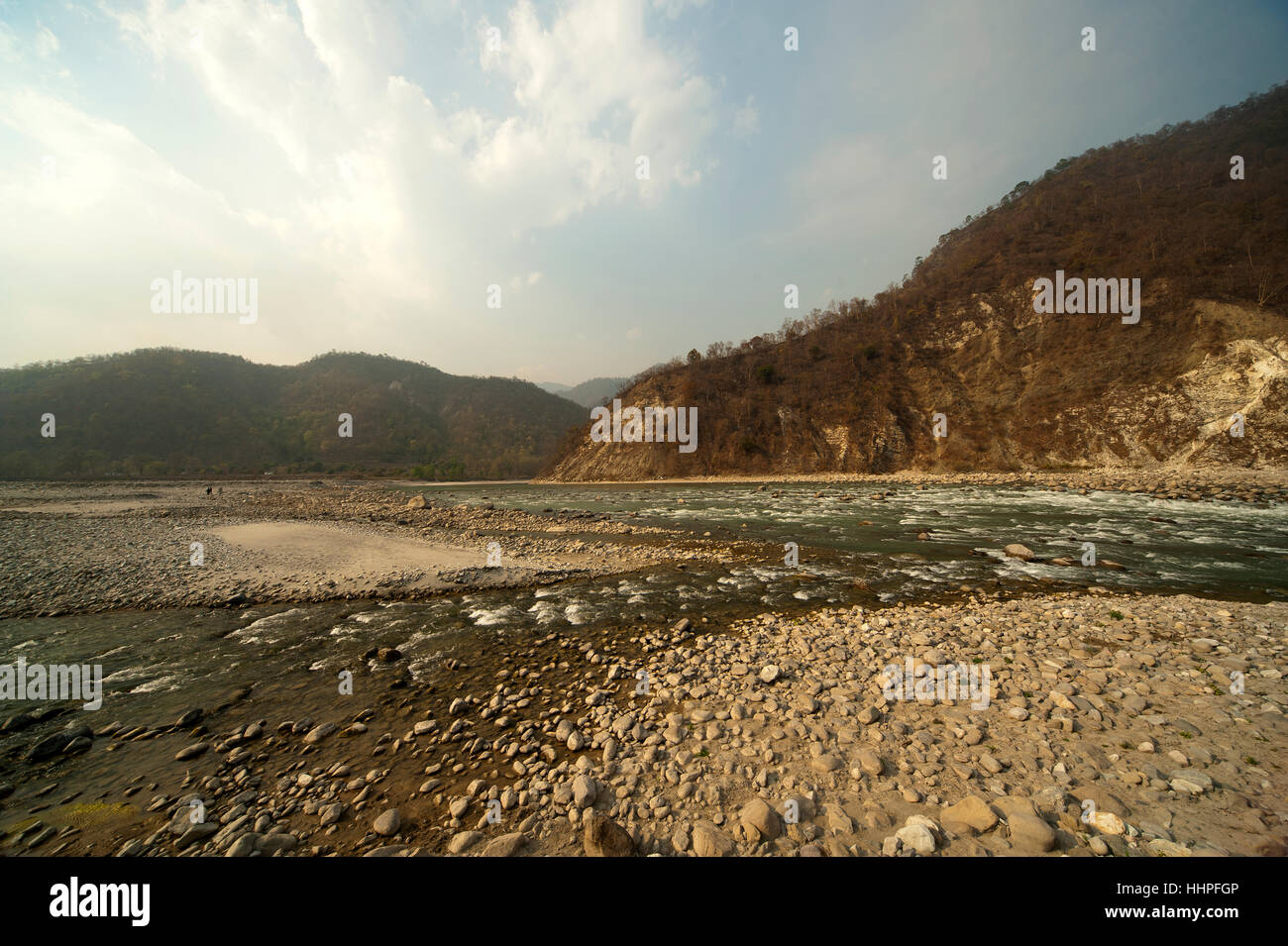 Confluence of Sarda and Ladhya rivers, Kumaon hills, with Sem village ...