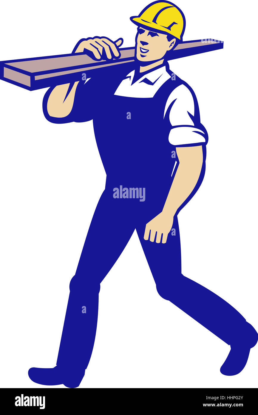 Illustration of a carpenter tradesman worker carrying timber lumber ...