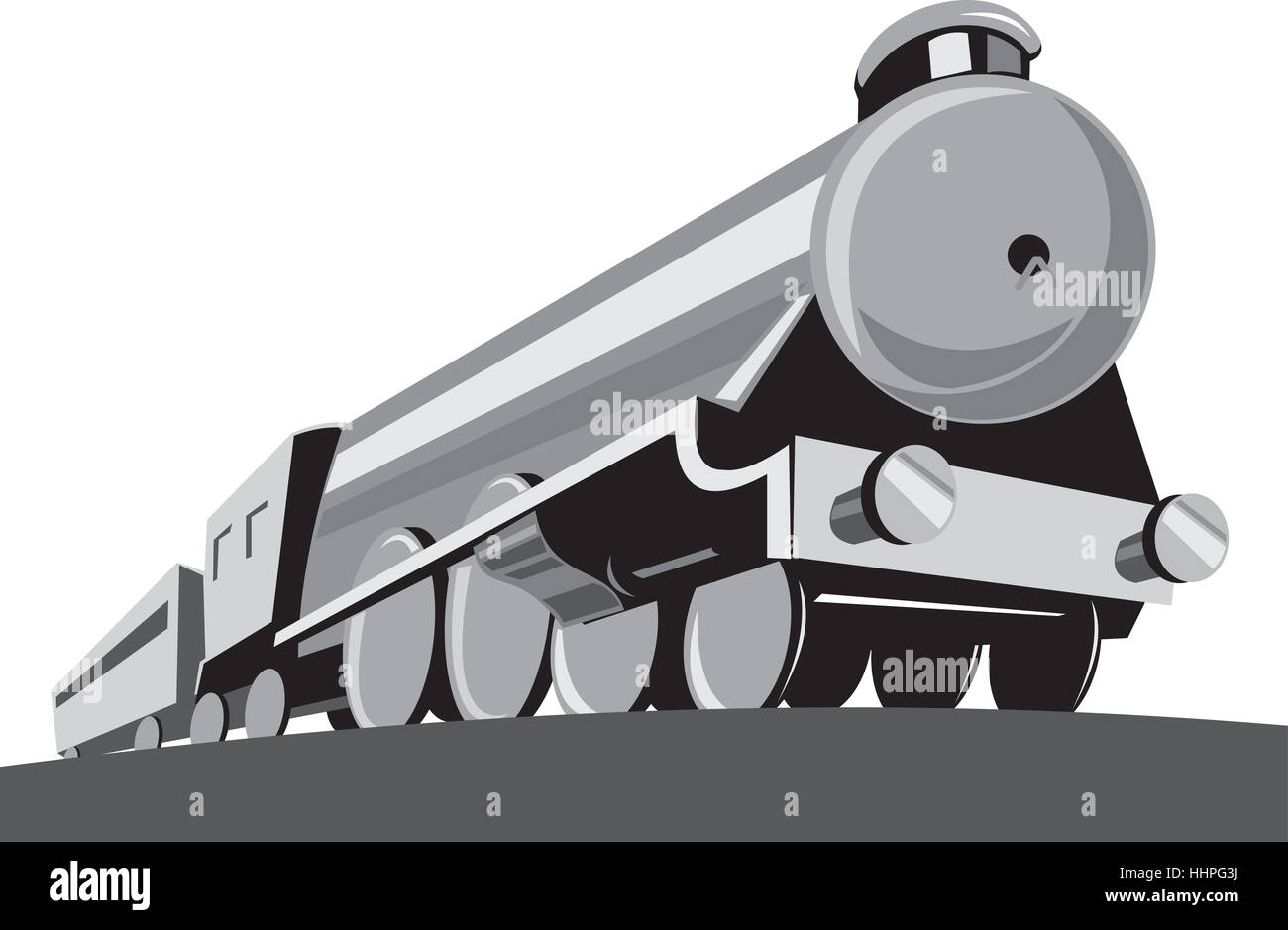 Illustration of a steam train locomotive viewed from a low angle done ...