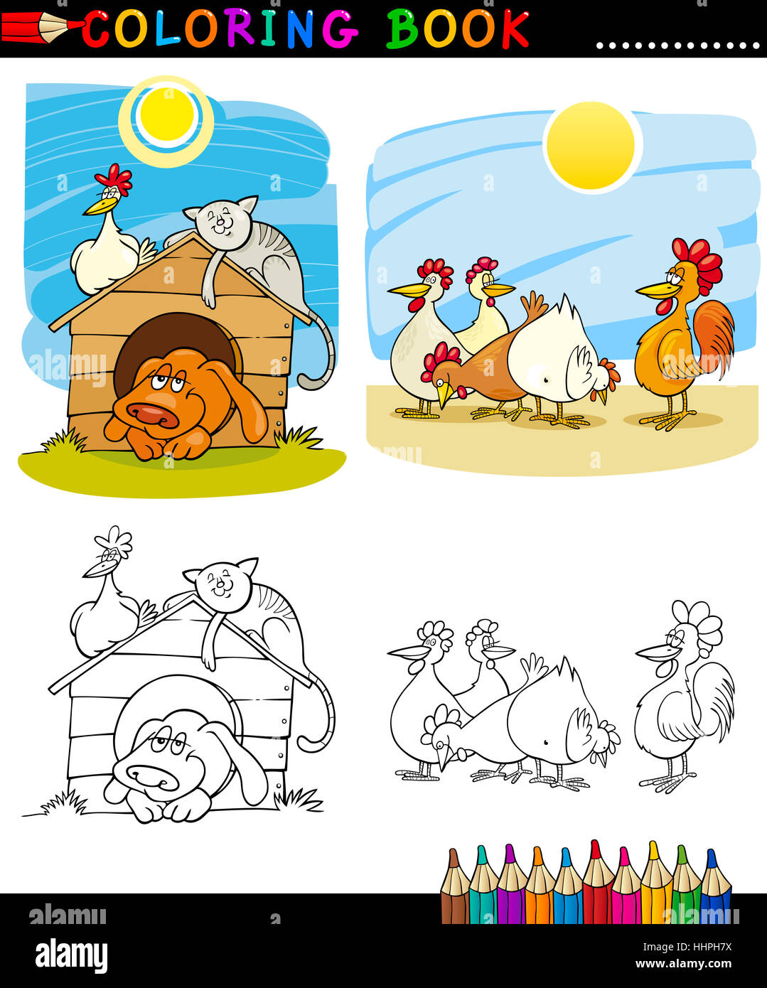 Coloring Book or Page Cartoon Illustration of Funny Farm and Companion ...