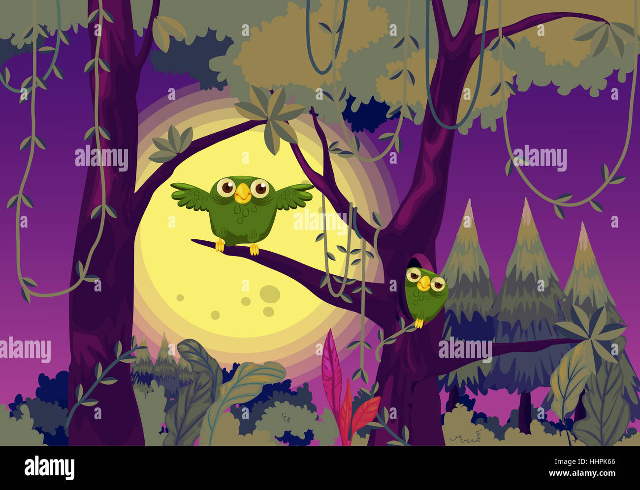 comic, illustration, cartoon, tree, trees, animal, bird, night ...