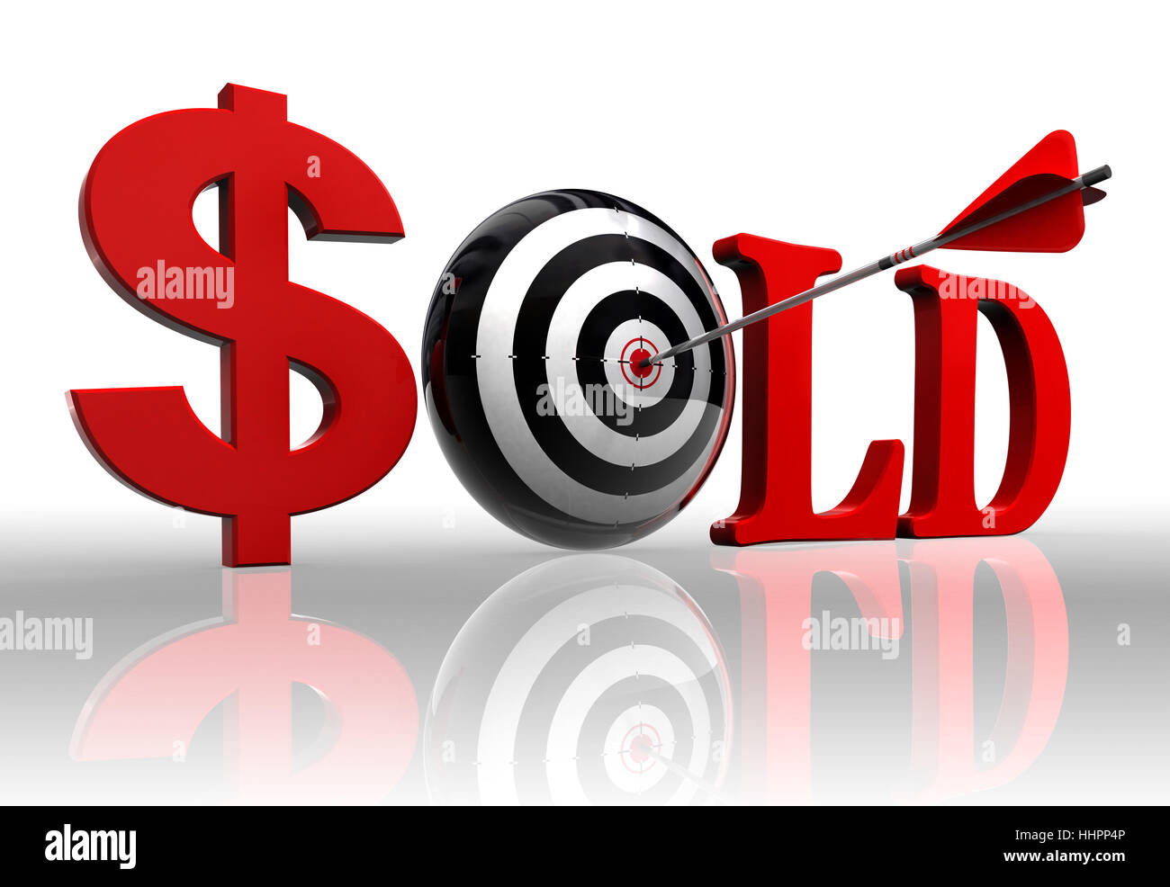 sold red word and concept target with arrow on white background ...