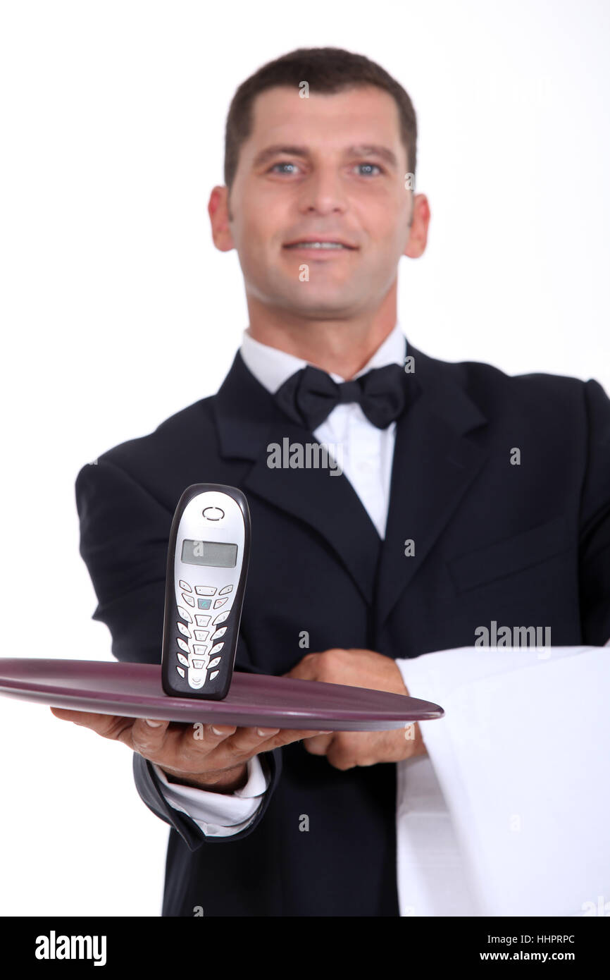 telephone, phone, male, masculine, butler, serving, man, telephone ...