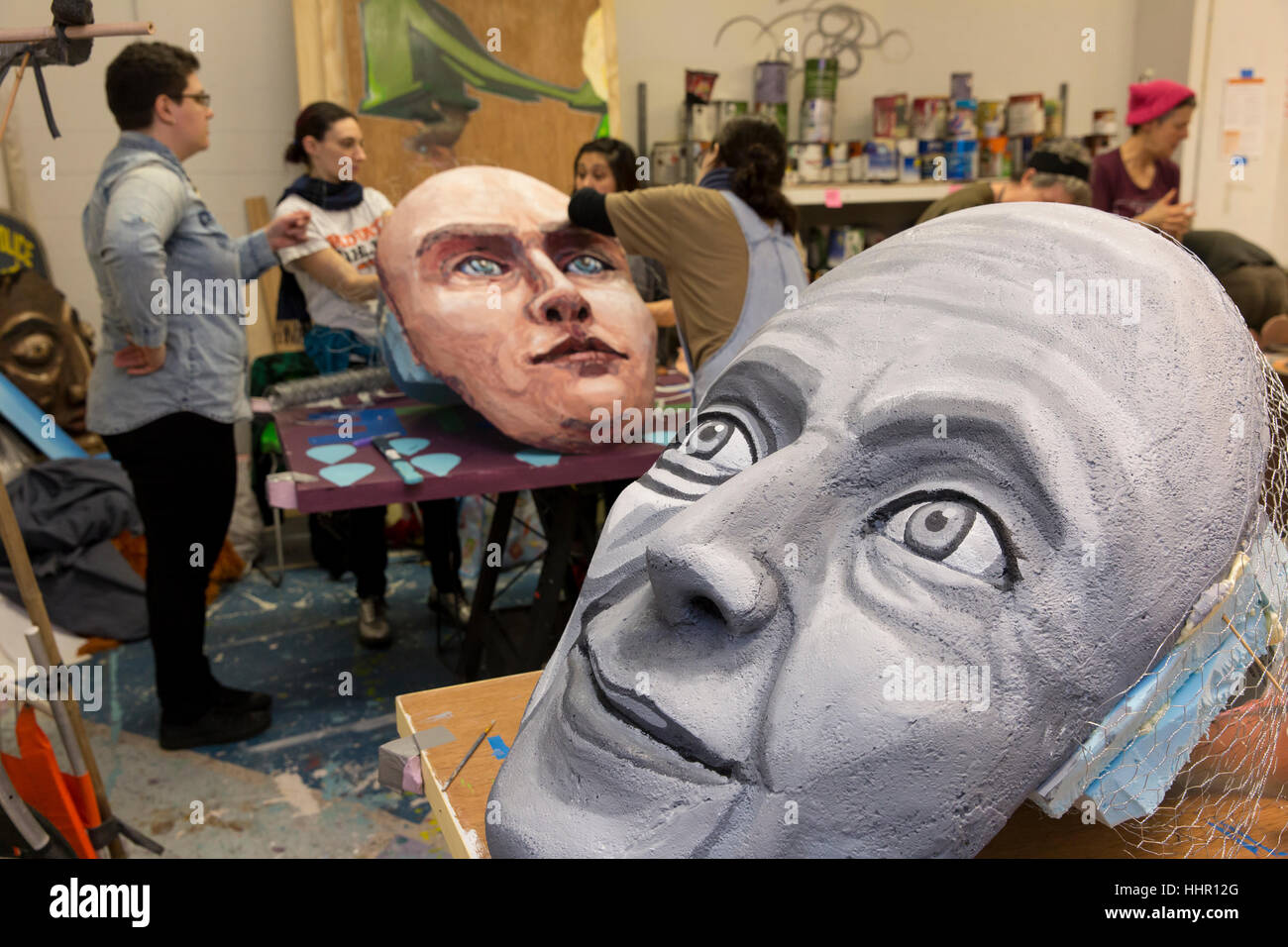 Seattle, USA. 19th Jan, 2017. Masks for Helen Keller (foreground) and ...