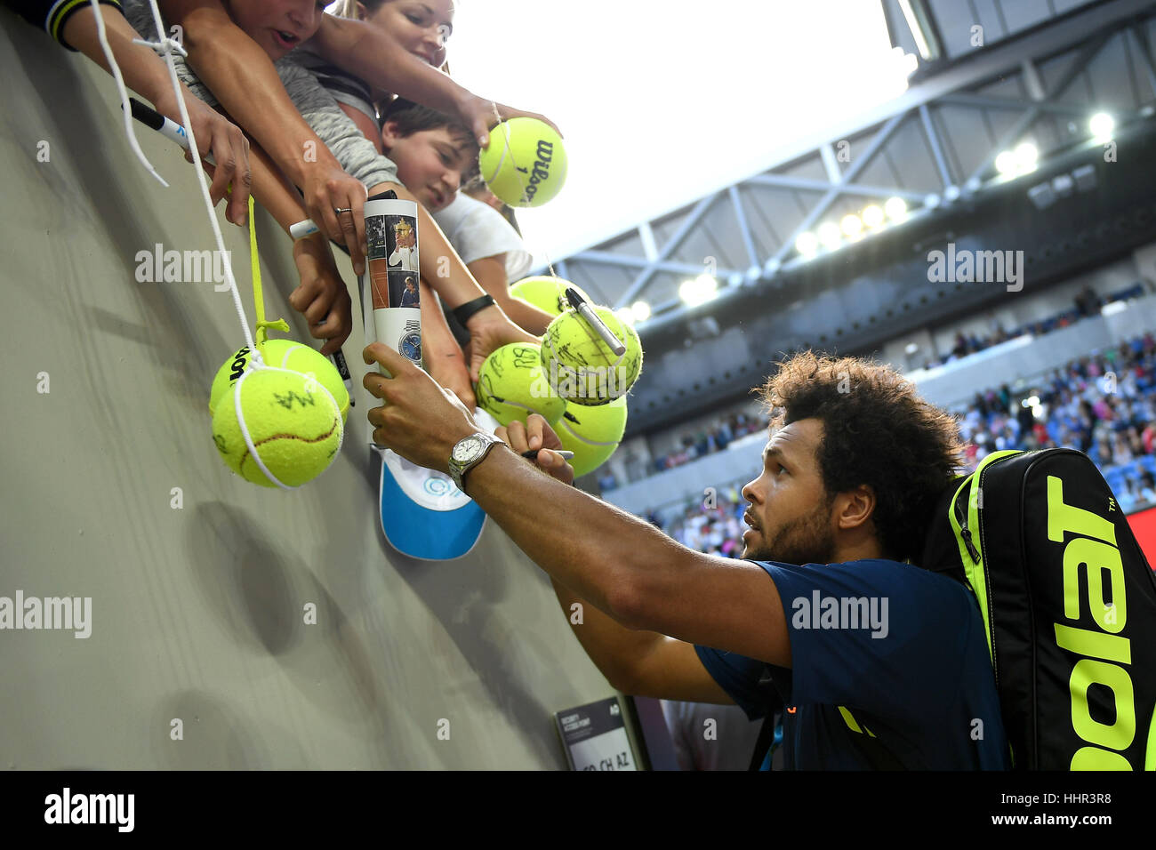 Melbourne Park, Melbourne, Australia. 20th January 2017. Jo-Wilfried Tsonga (FRA) signs ...