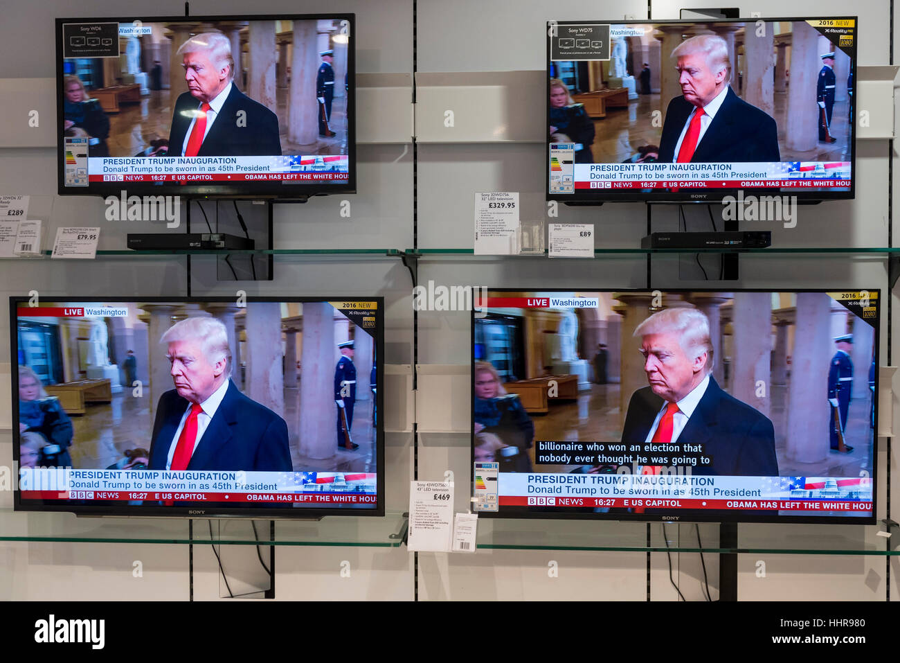 London, UK. 20th Jan, 2017. Televisions in a department store broadcast ...
