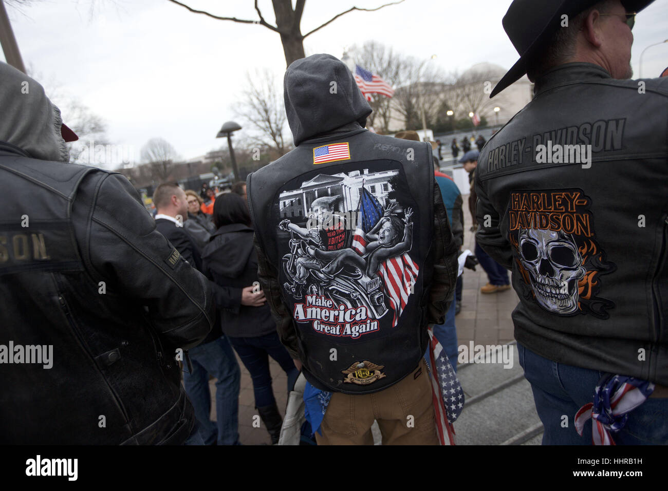 Washington, USA. 20th Jan, 2017. A Bikers for Trump member arrives at ...