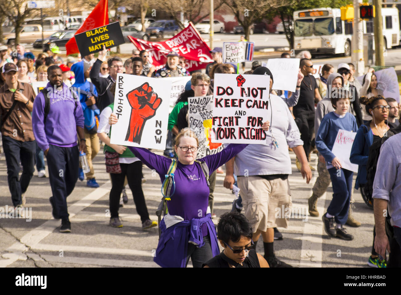 Atlanta, USA. 20th Jan, 2017. Three hundred protesters representing a ...