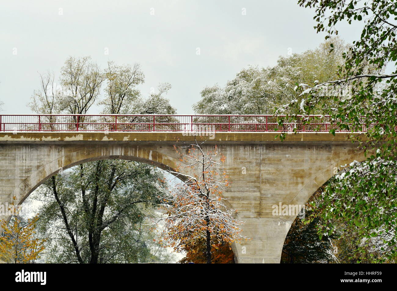 bridge, golden, railing, october, viaduct, snow, bridge, golden ...