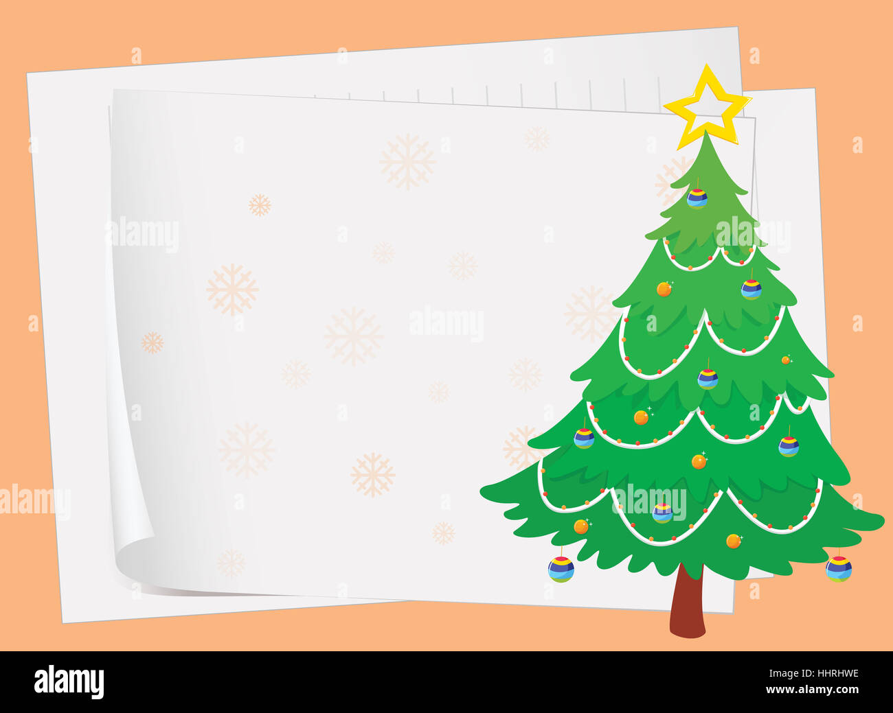 illustration of paper sheets and a christmas tree on a color background ...