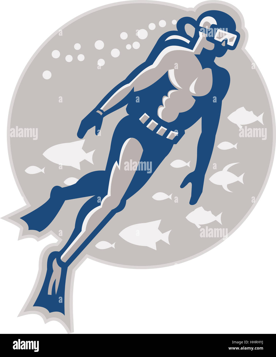 Illustration of a scuba diver diving swimming up set inside circle done ...