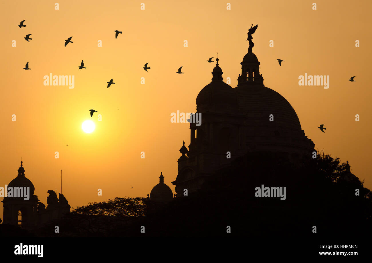 Silhouette Victoria Memorial dome with flying birds at sunrise Stock ...