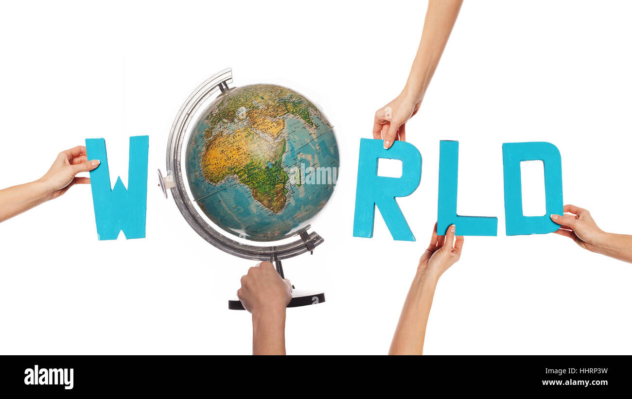 Female hands holding up the word WORLD in turqouise capital letters ...