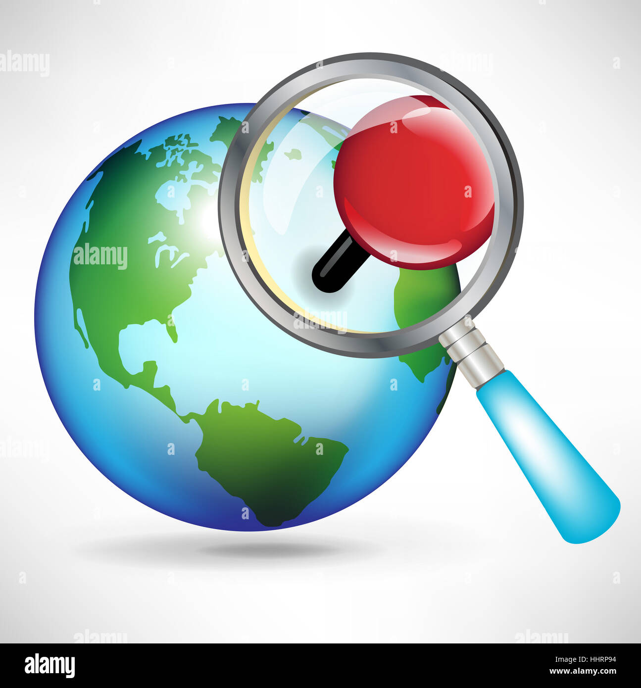 icon of globe with magnifying glass and red pin Stock Photo - Alamy