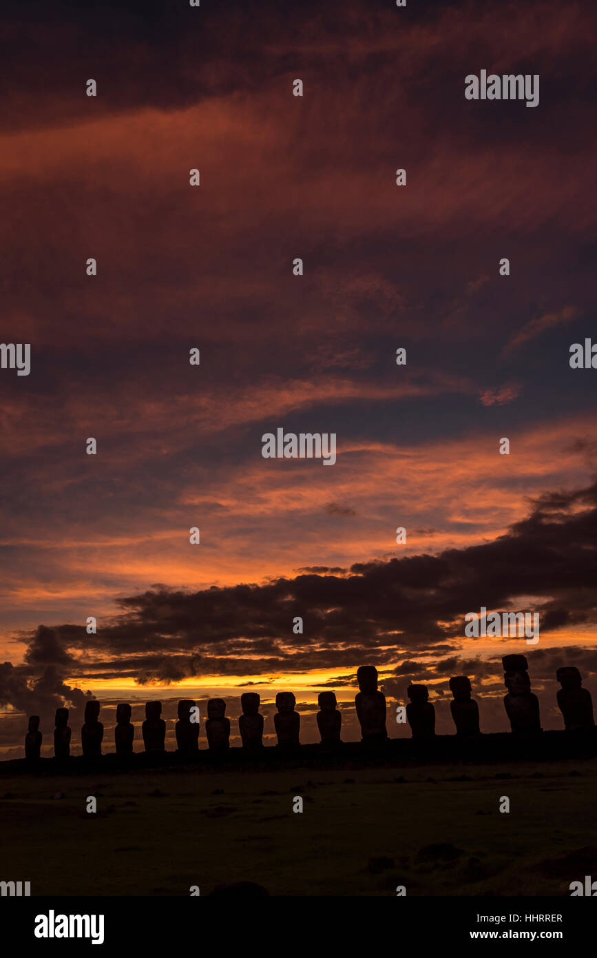 Sunrise at Ahu Tongariki in Easter Island. Tongariki is the largest ...
