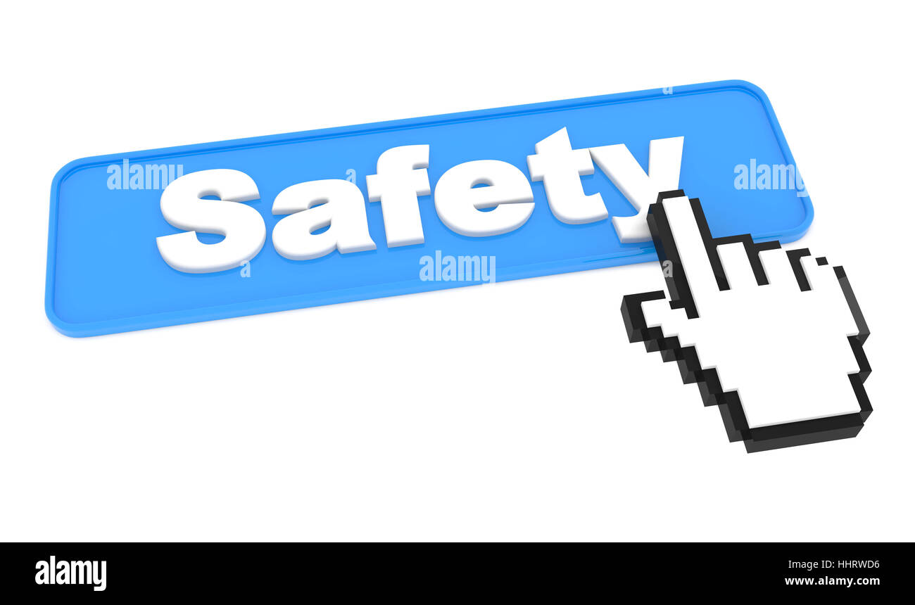 Safety Button with Hand Shaped Cursor on White Background Stock Photo ...