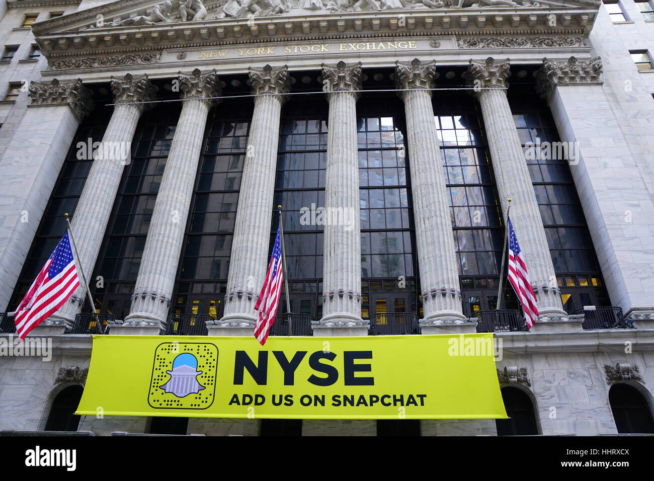 "NYSE on Snapchat" banner hanging on the front entrance of the New York ...