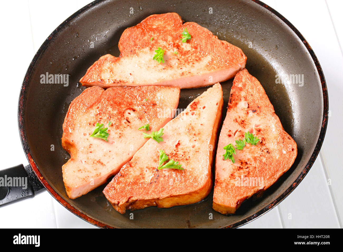 food, aliment, closeup, ham, slices, fried, cooked, pork, pan, frying ...