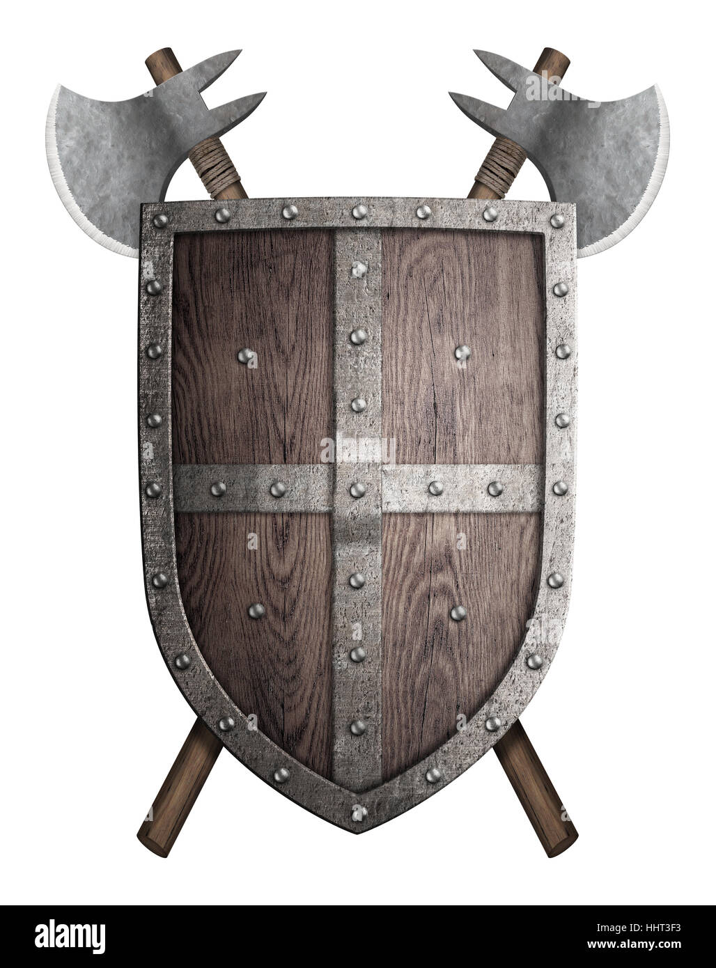 old wooden shield and two crossed battle axes isolated Stock Photo - Alamy