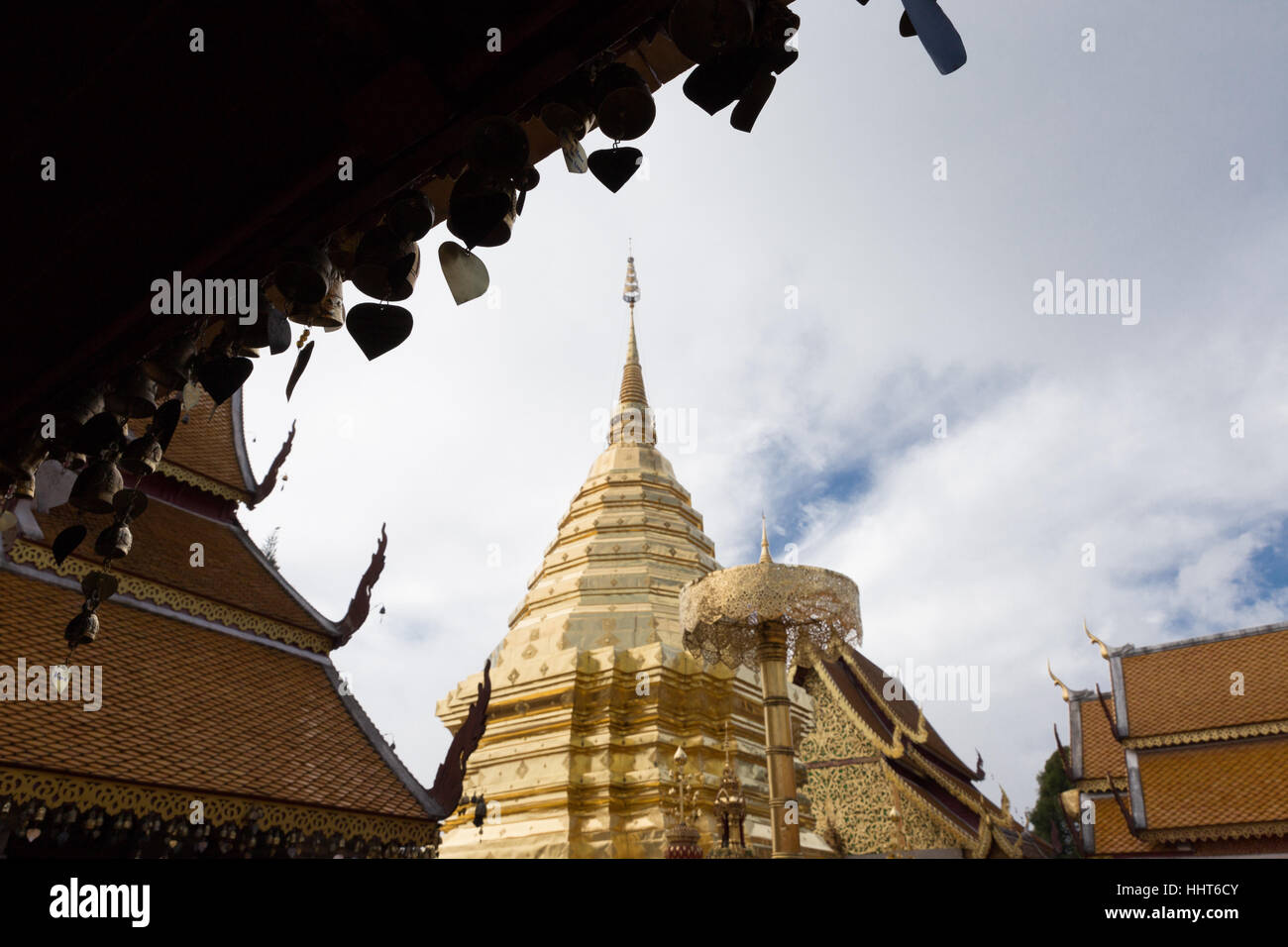 brass bell and golden pagoda at Wat Phra That Doi Suthep, Chiang Mai ...
