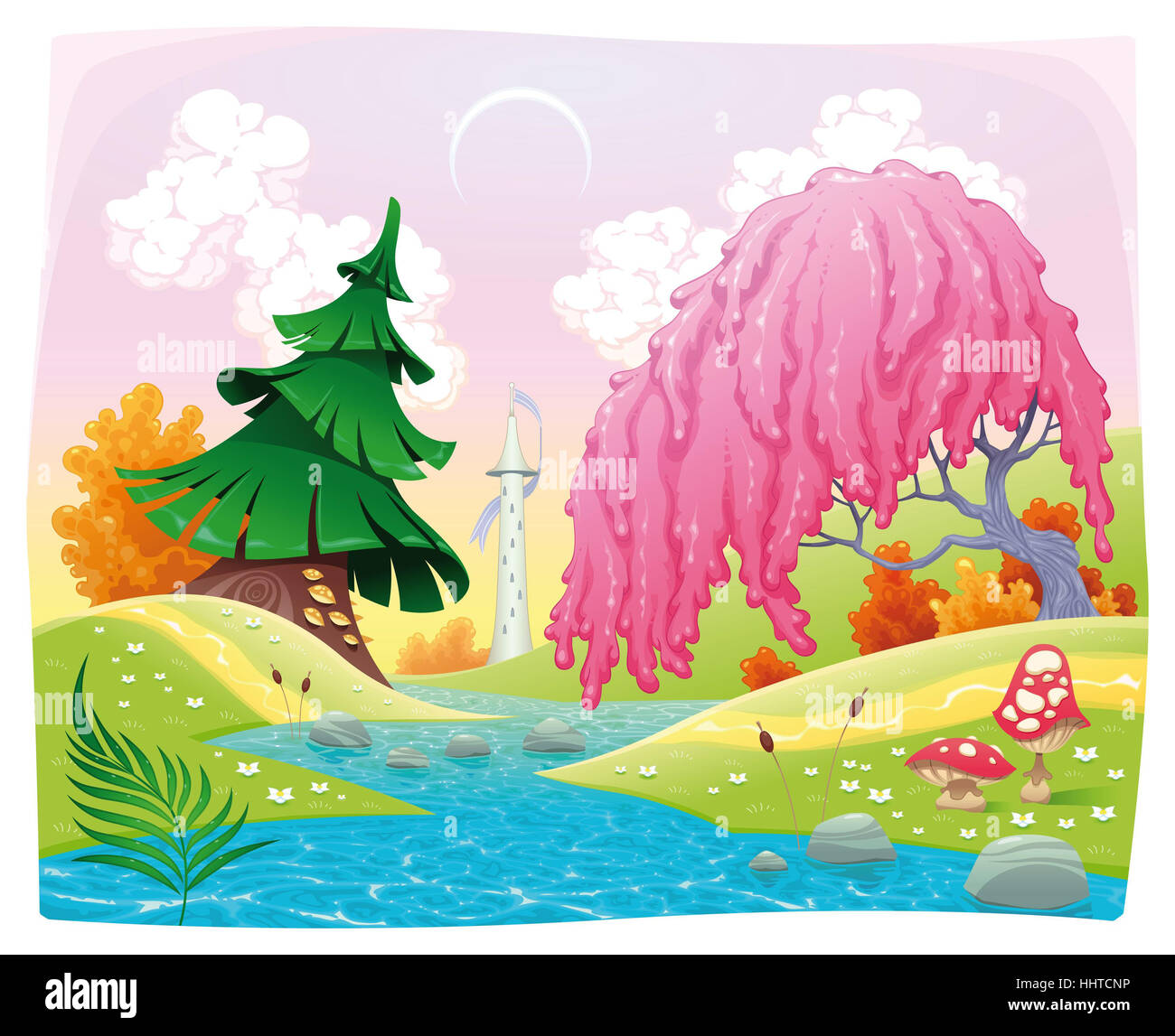 tower, bucolic, tree, wood, pine, moon, fantasy, stream, spring ...