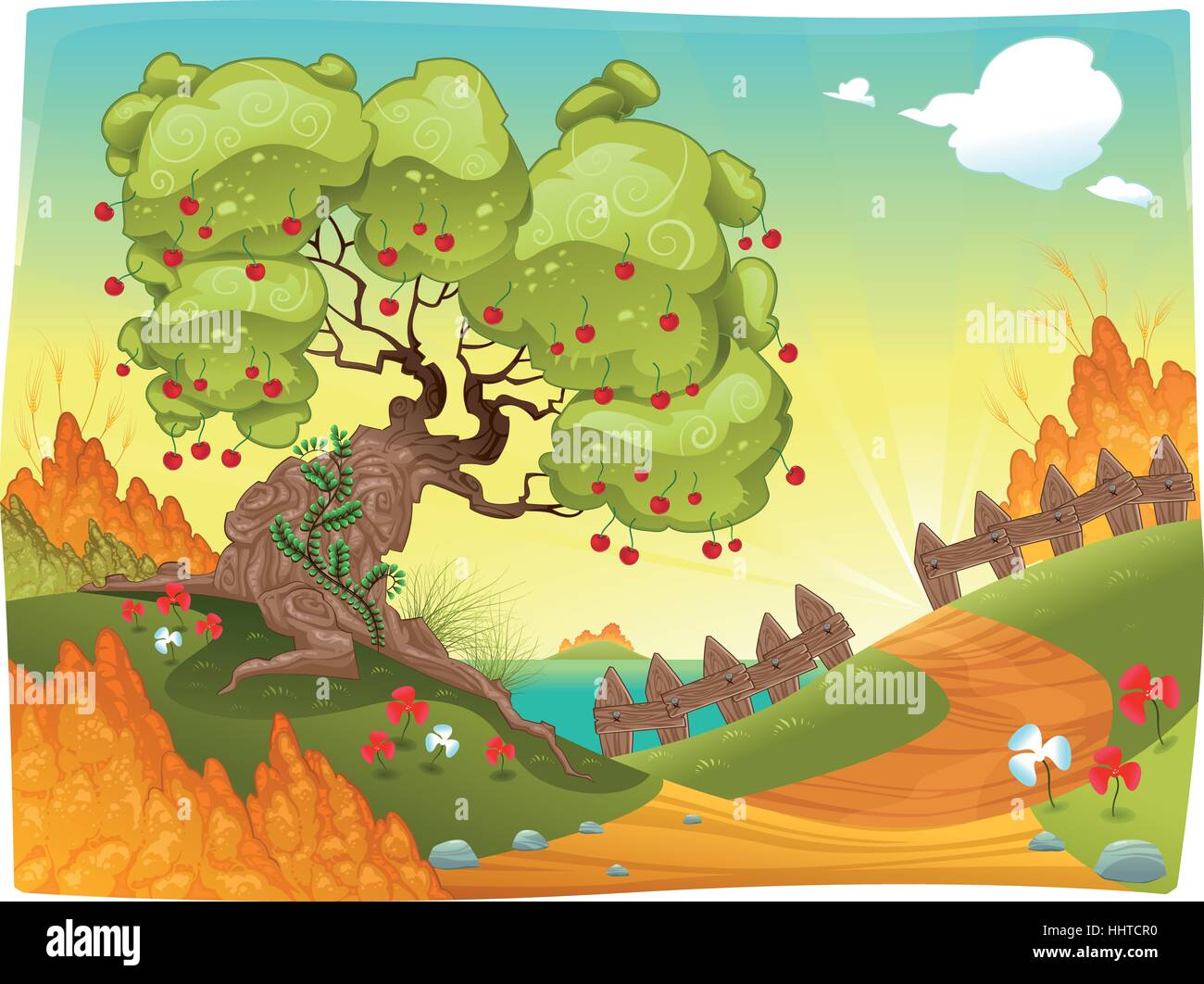 tree, landscape, scenery, countryside, nature, comic, colour, bucolic ...