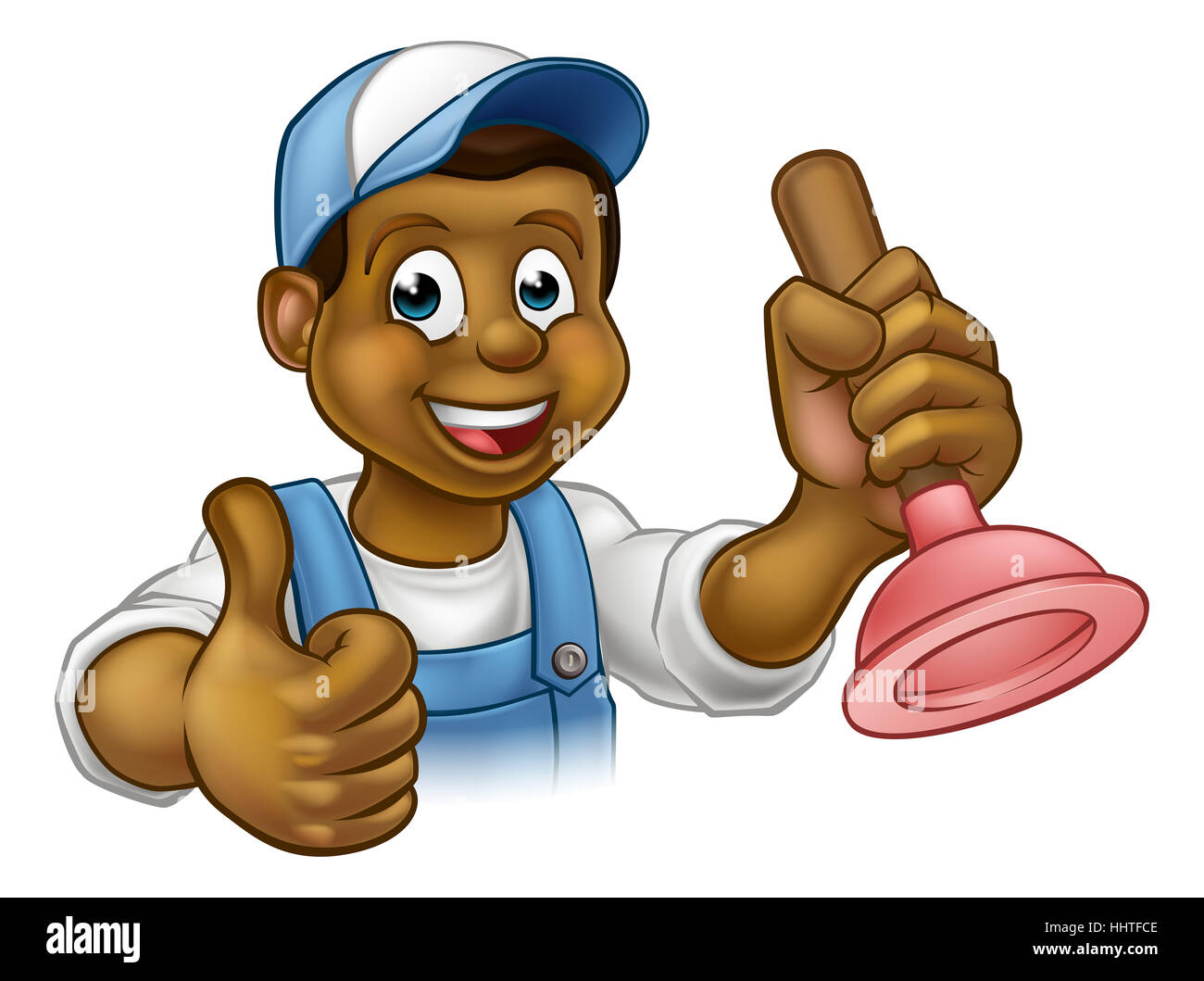 A plumber handyman cartoon character holding a plunger and giving a ...