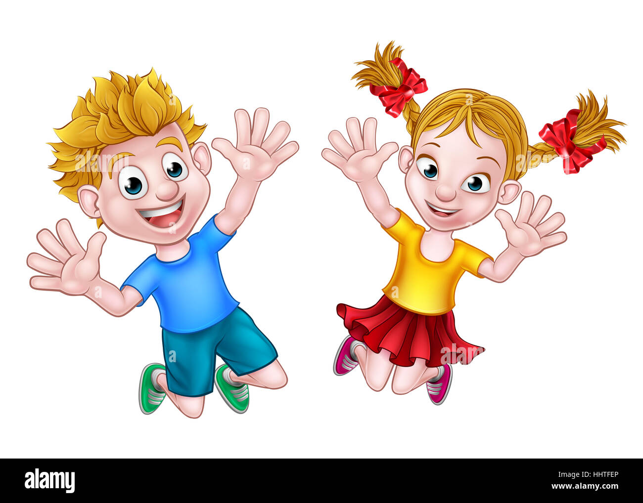 Happy cartoon young girl and boy jumping for joy with hands in the air ...