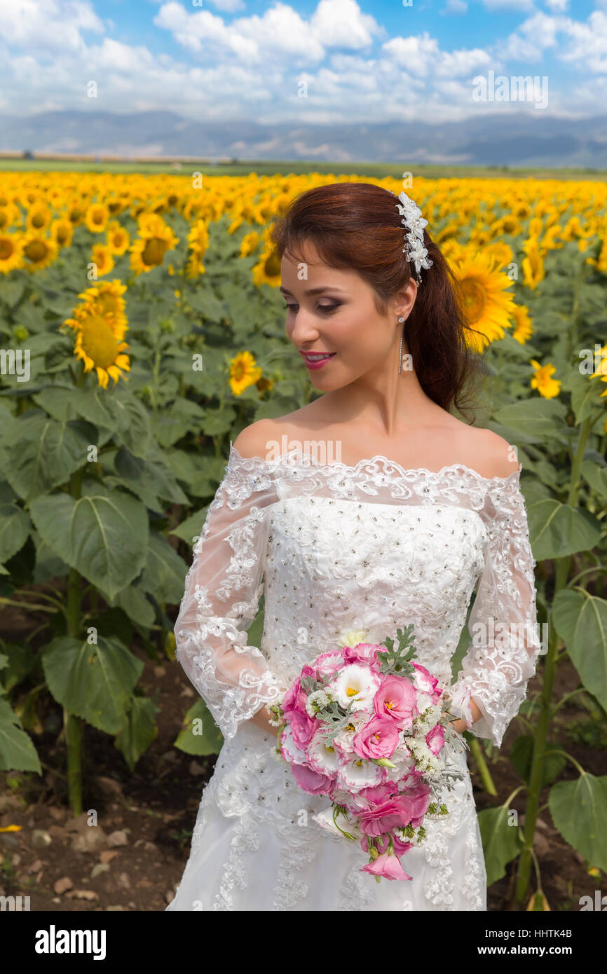 Beautiful young bride posing in a sunflower field Stock Photo - Alamy
