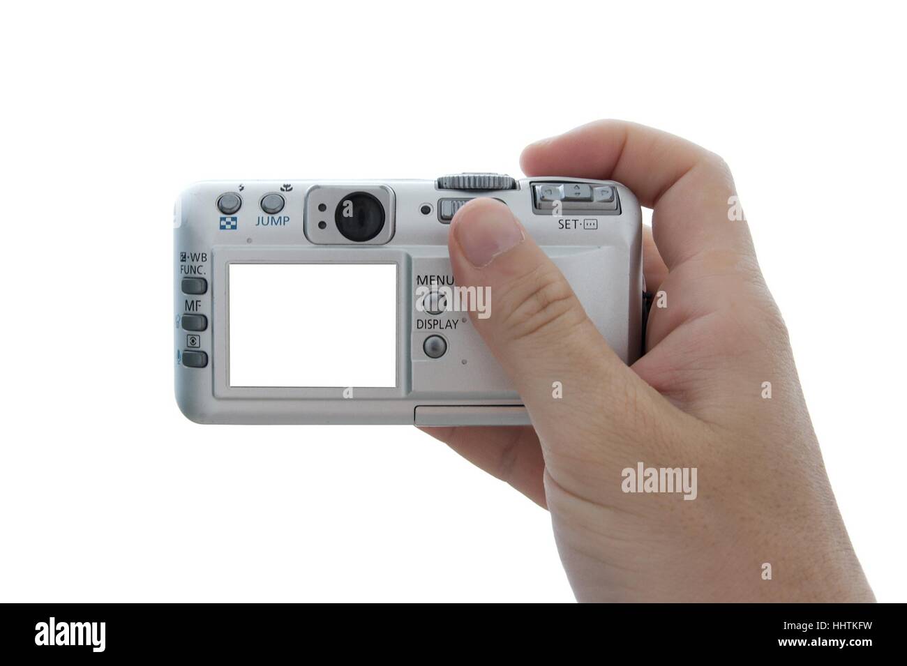 Digital camera in hand with blank white screen (easy to add any image ...