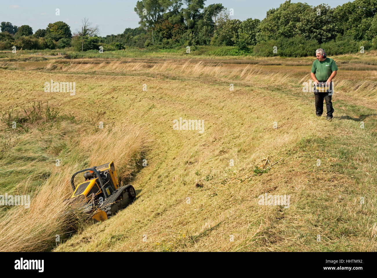 Environmental Agency staff using radio-controlled grass cutter on a ...