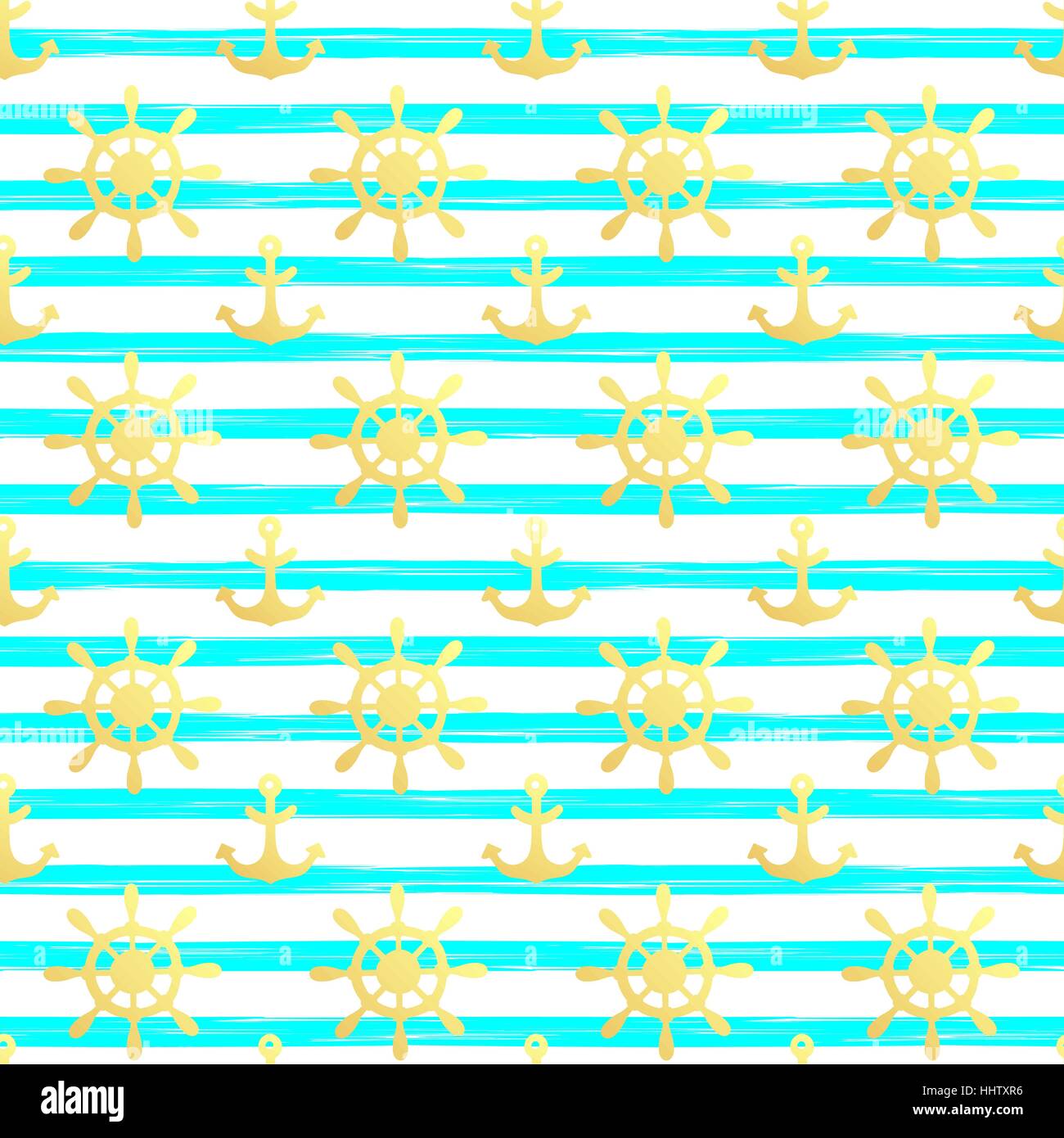 Seamless nautical pattern with golden anchors and ship wheels on white ...