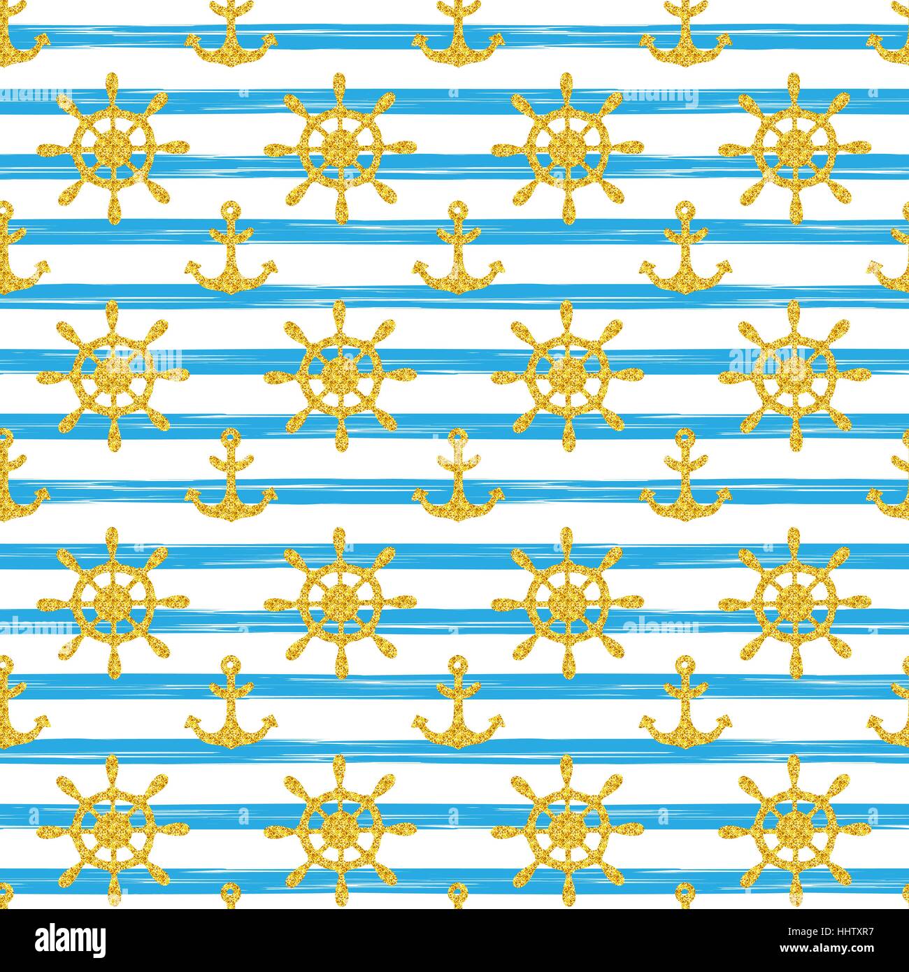 Seamless nautical pattern with golden anchors and ship wheels on white ...