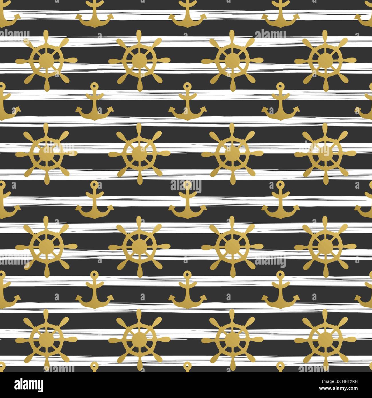 Seamless nautical pattern with golden anchors and ship wheels on white ...