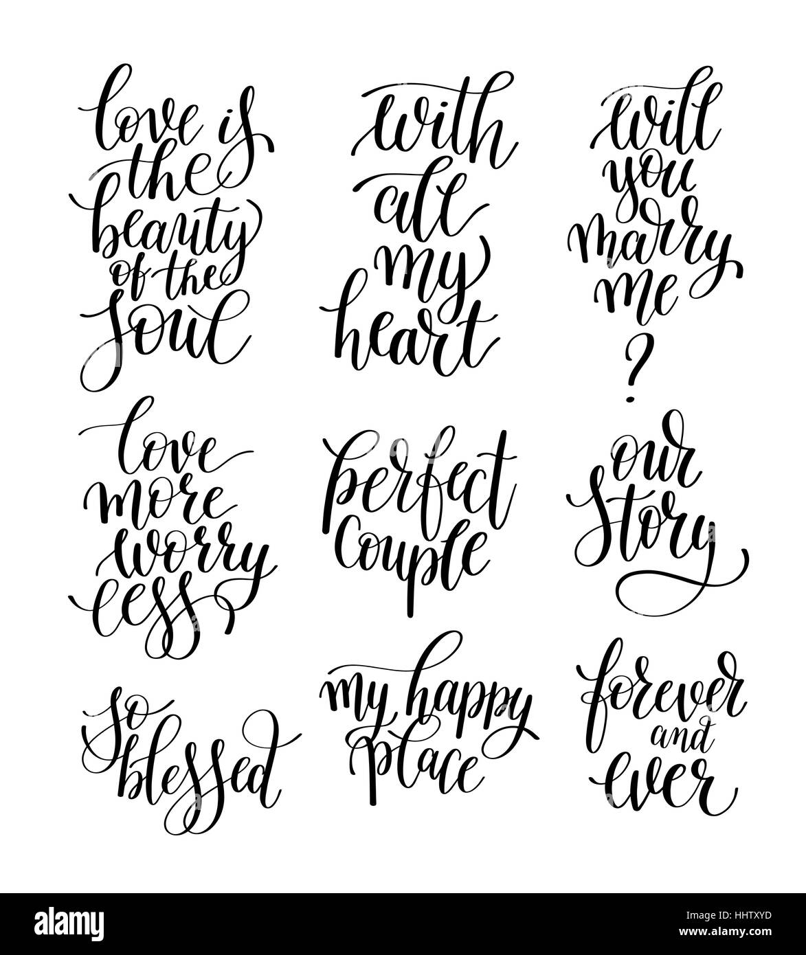 Set Of Black And White Hand Written Lettering Phrase About Love Stock