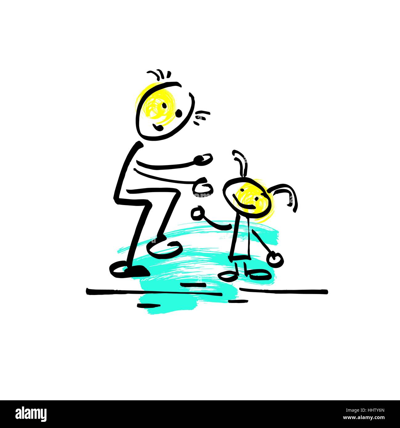 sketch doodle human stick figure dad playing with his daughter Stock ...