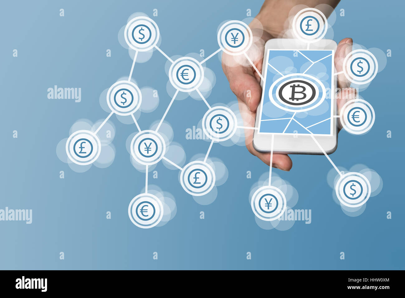 Bitcoin icon displayed on touchscreen of modern smart phone as example ...