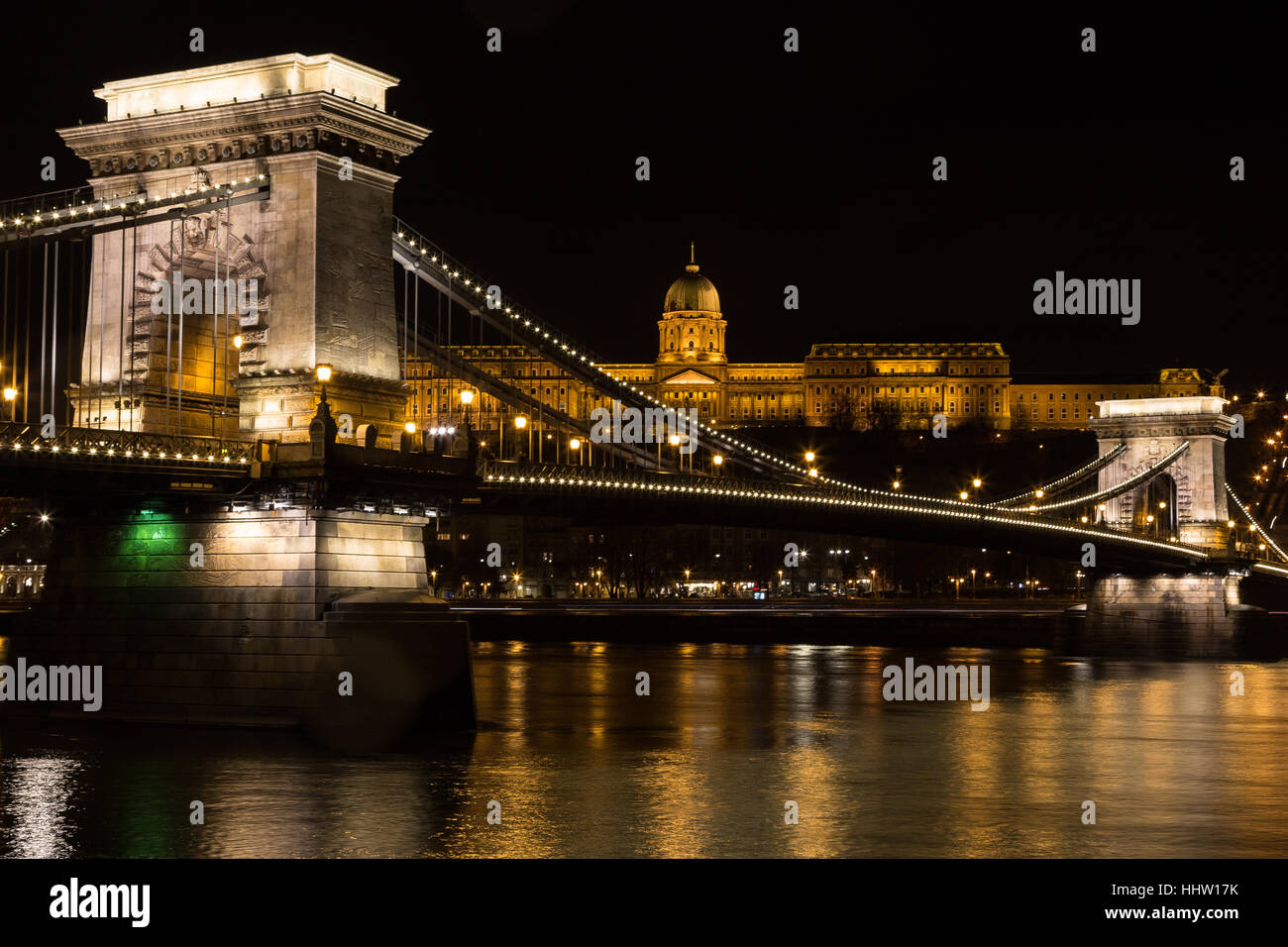Chain Bridge with Buda Castle Hungary Budapest at night Stock Photo - Alamy