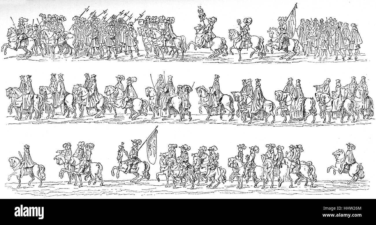 Grand Cavalcade at the Place Royale, Paris, France 1612. Palace staff ...
