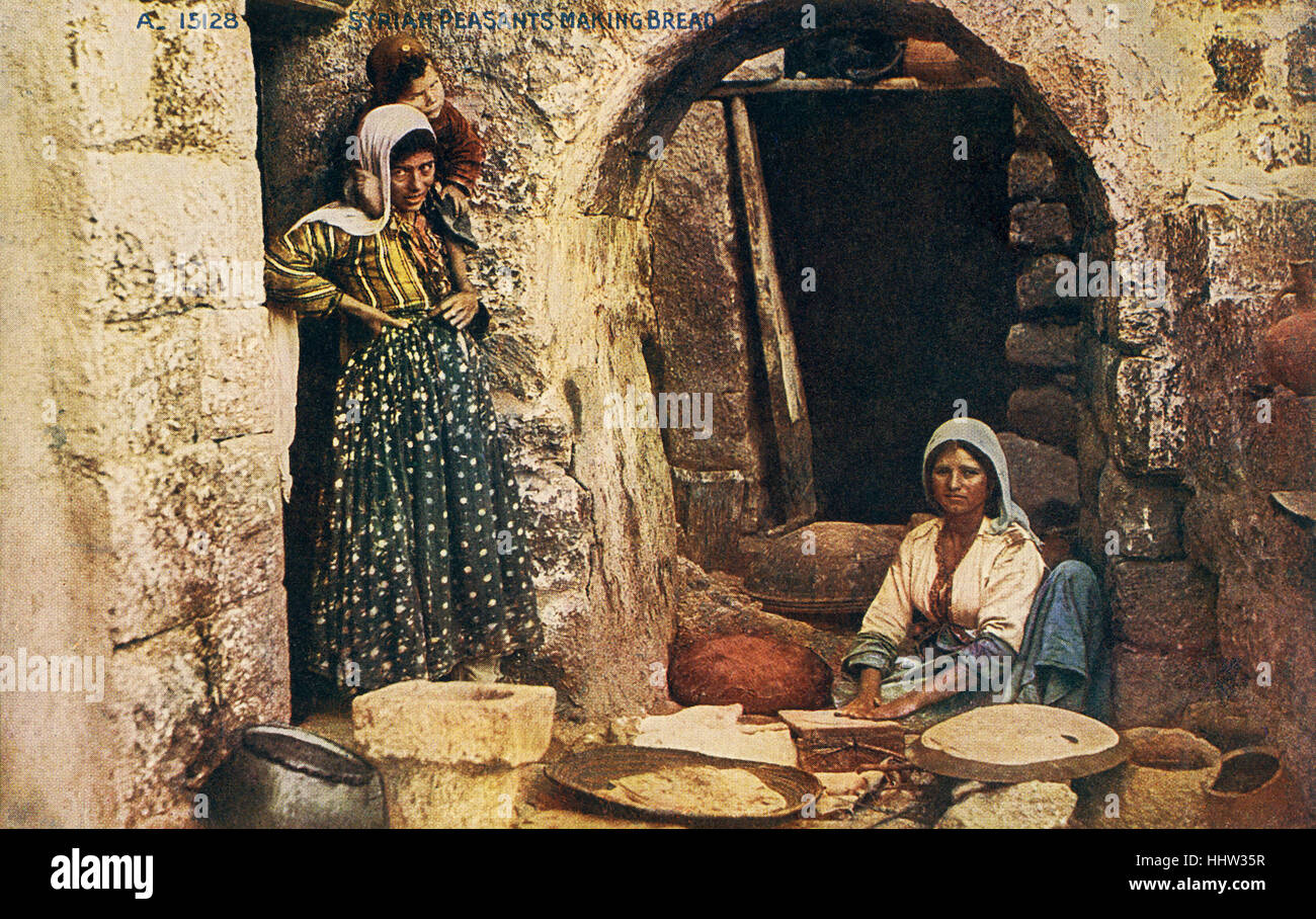 Peasant women baking bread, Syria. 20th century postcard Stock Photo ...