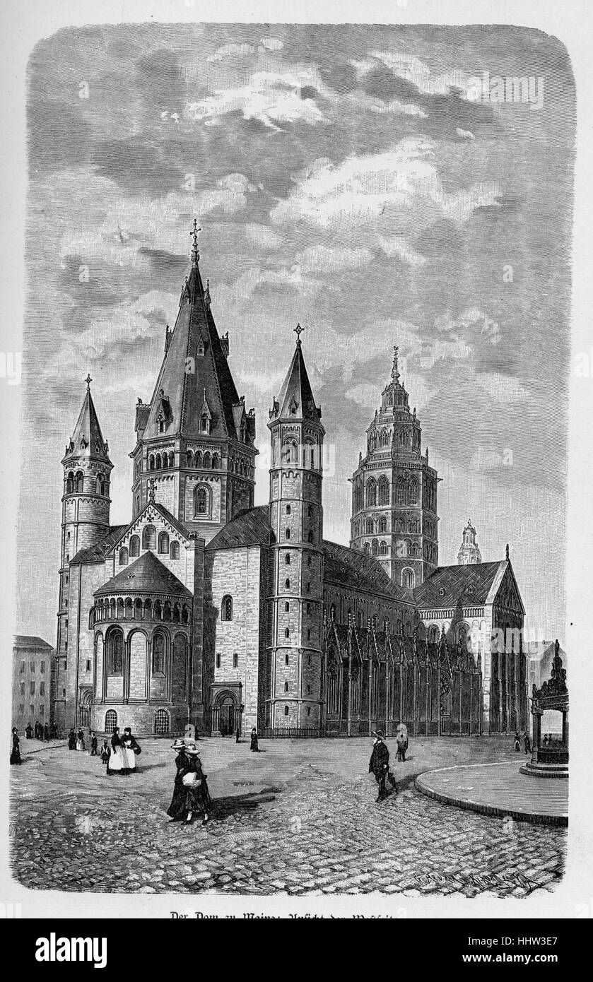 Mainz Cathedral, Germany, 19th century engraving, view of the Western ...