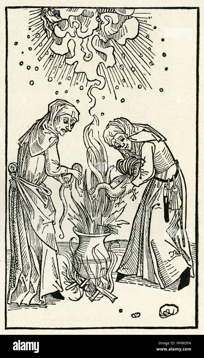 Witches brewing a spell in a cauldron, woodcut c. 1508 from 'De Lamiis ...