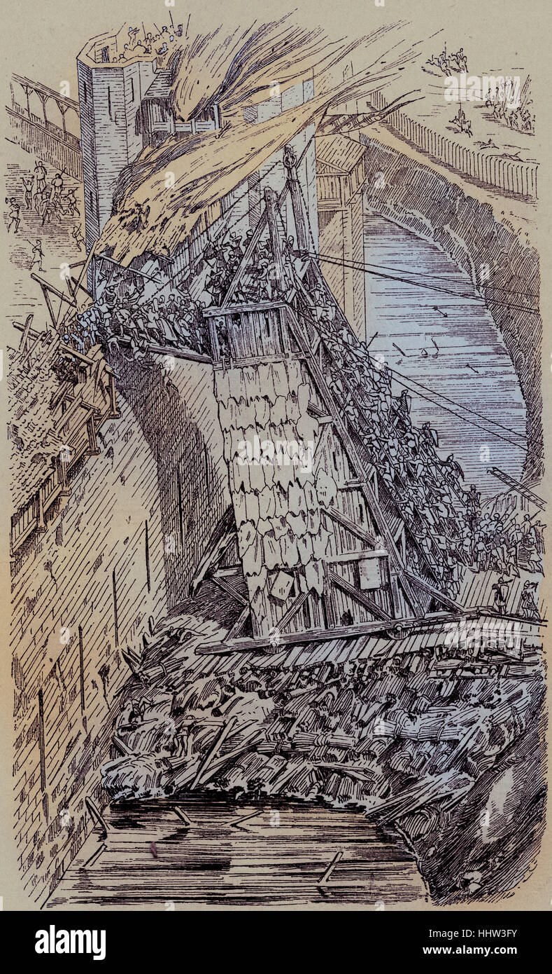 Besieged city, depiction demonstrating the use of a siege tower to ...