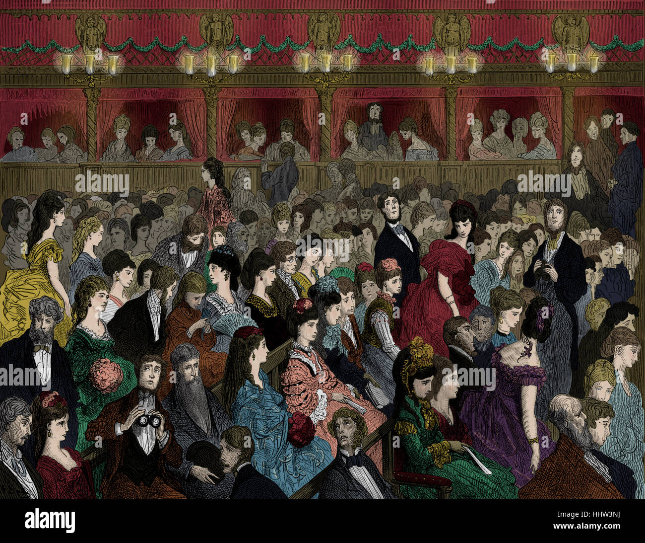 Covent Garden opera house stalls in London with audience. early 1870's ...