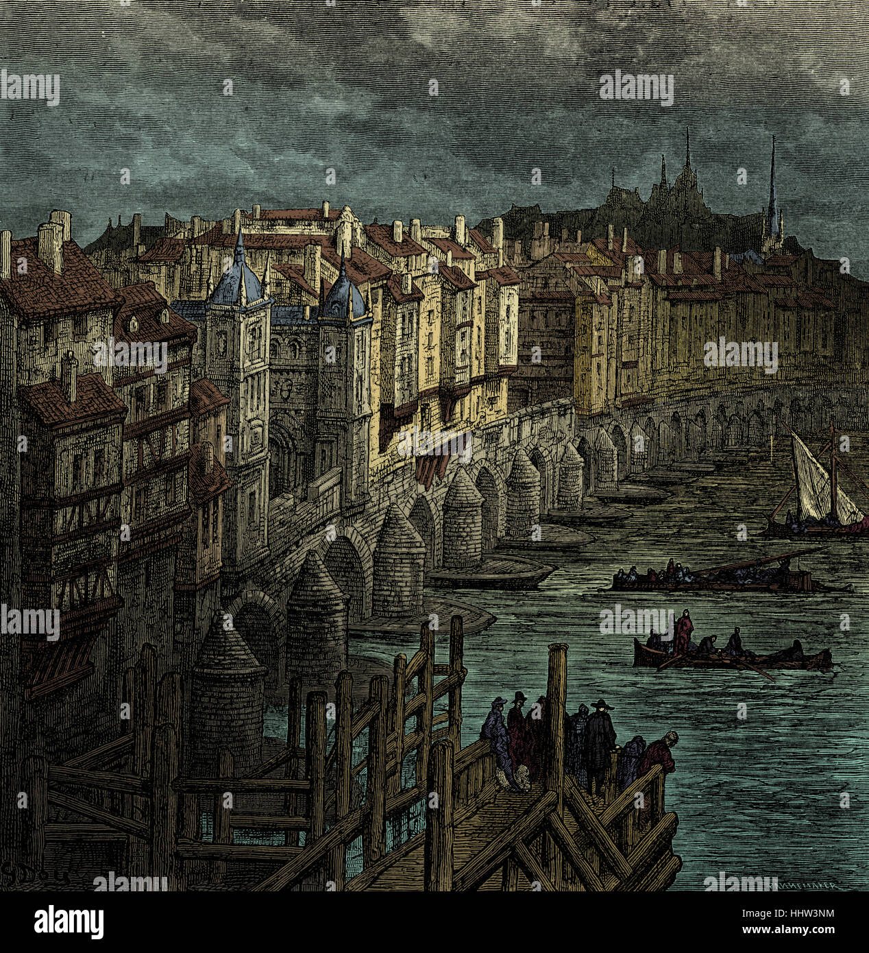 London Bridge. - showing houses built along the bridge Engraving by ...