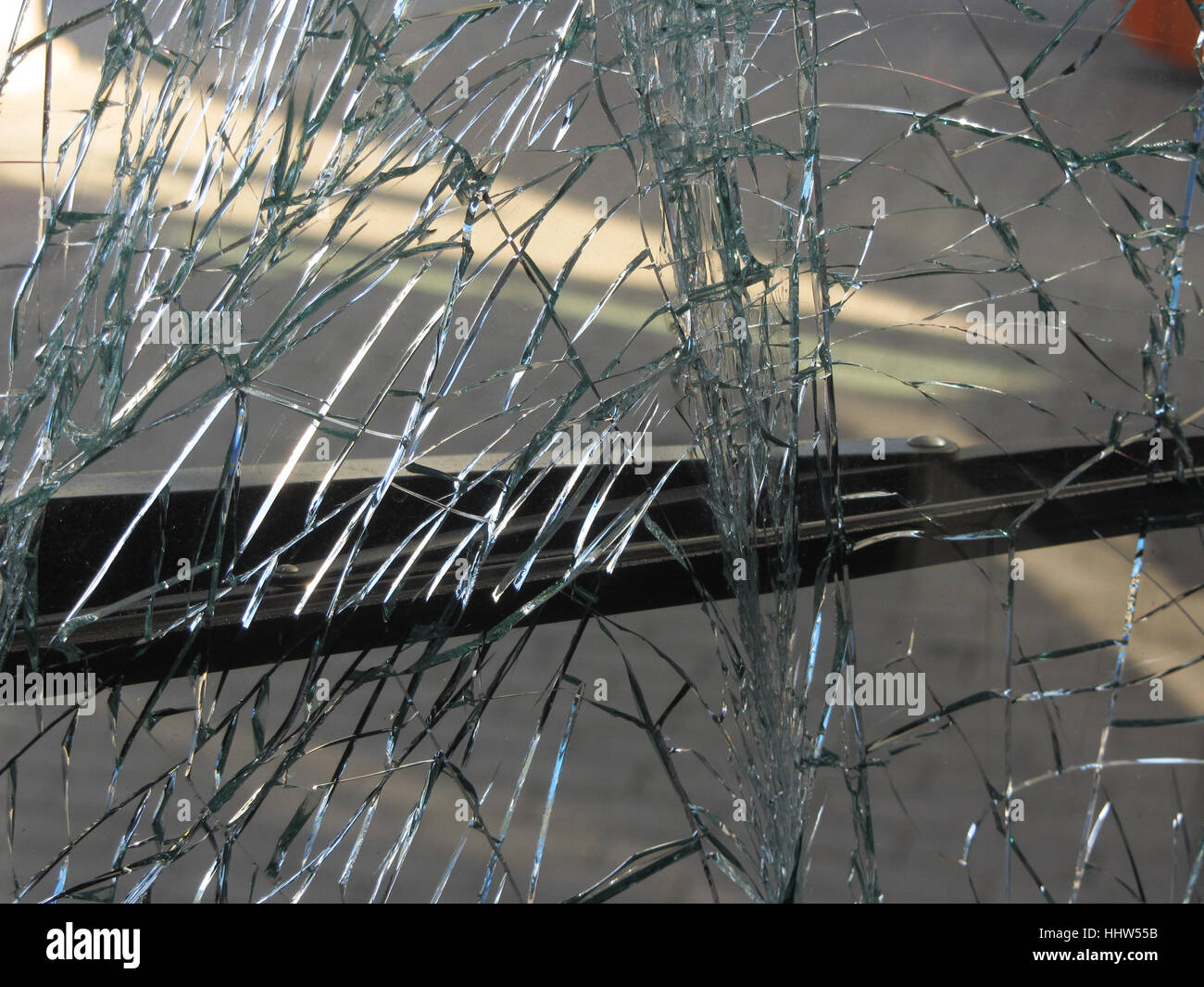 unbreakable frontal glass damaged by crash in a public transport bus ...