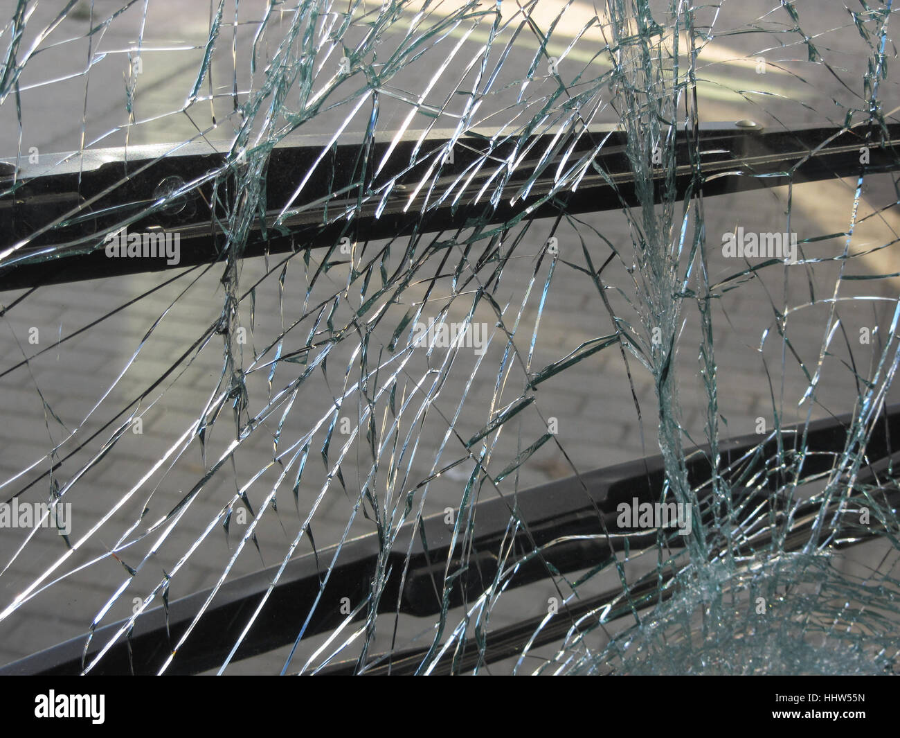 unbreakable frontal glass damaged by crash in a public transport bus ...