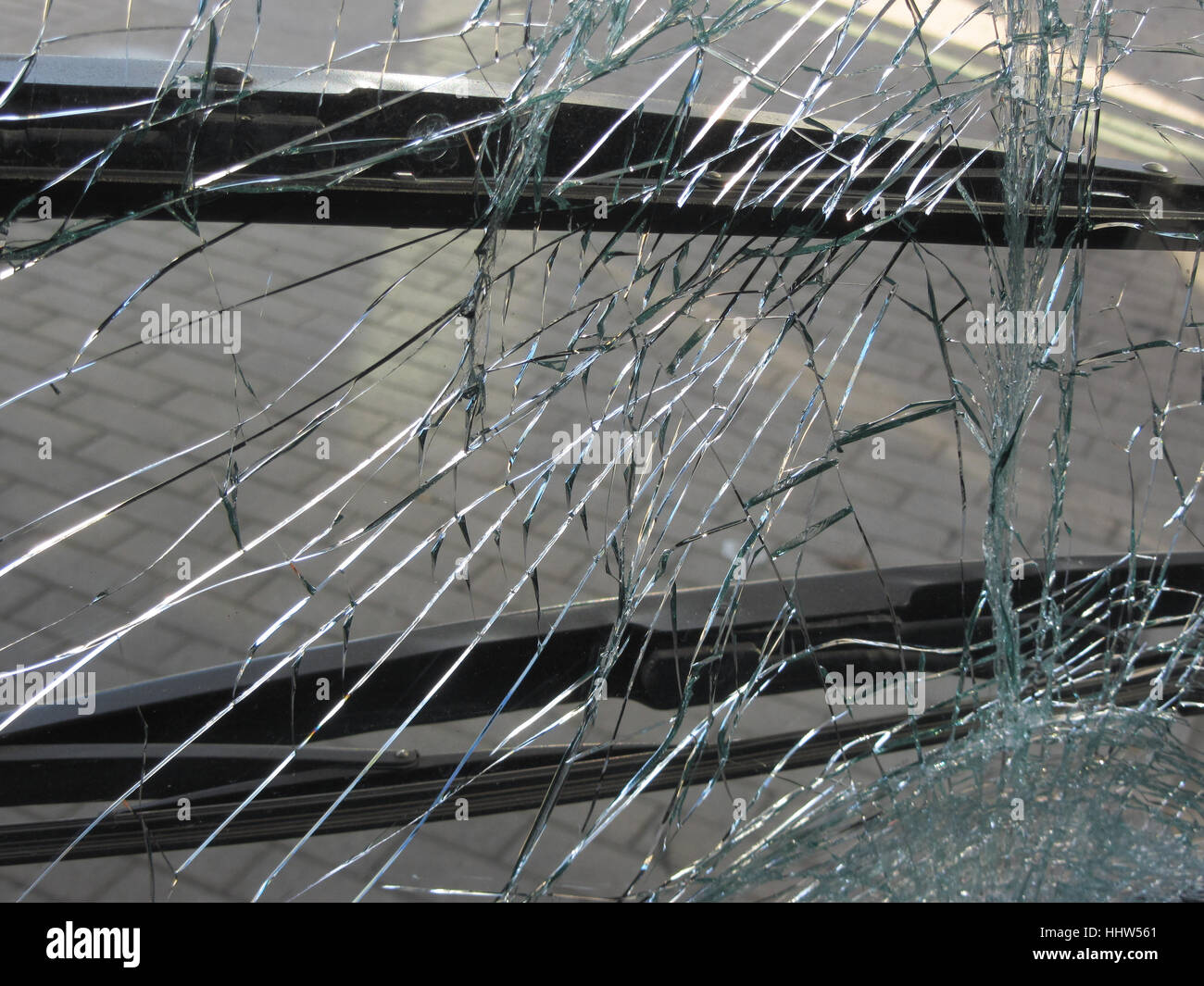 unbreakable frontal glass damaged by crash in a public transport bus ...
