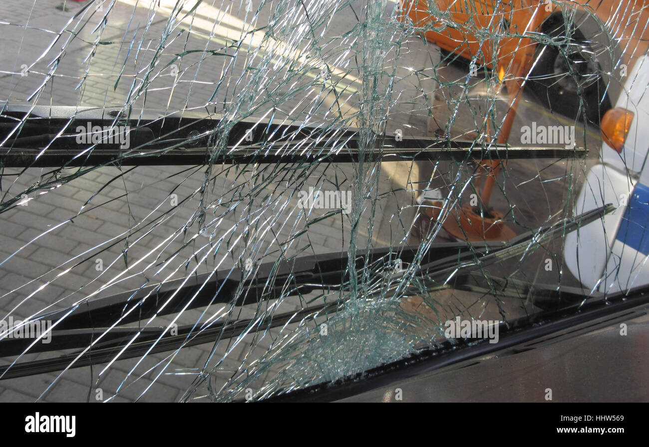 unbreakable frontal glass damaged by crash in a public transport bus ...