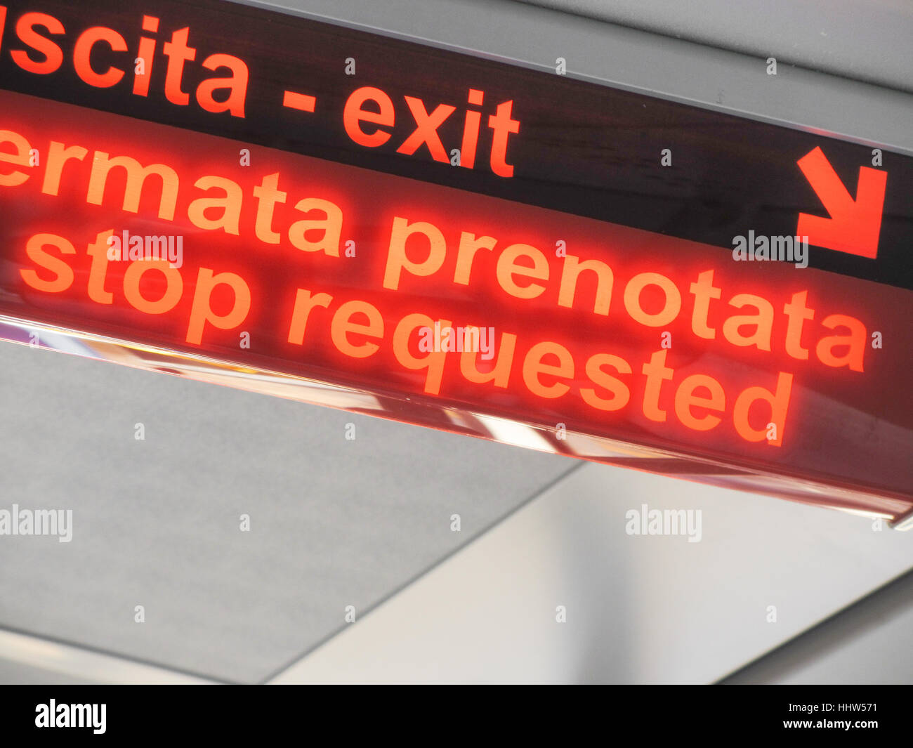 Exit lamp indicator and bus stop request inside a bus Stock Photo - Alamy